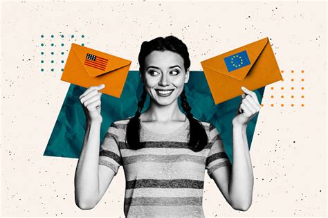 스케치 이미지 경향 삽화 몽타주 3d 사진 콜라주 아가씨 미소 손 보류 이메일 문자 메시지 대화 깃발 미국 유로파 정치 20 24세에 대한 스톡 사진 및 기타 이미지