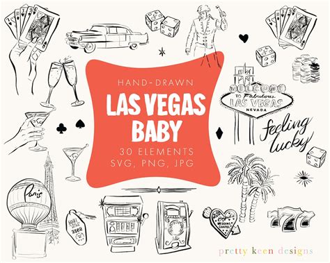 Vintage Las Vegas Clip Art Set Hand Drawn Black And White Retro Style