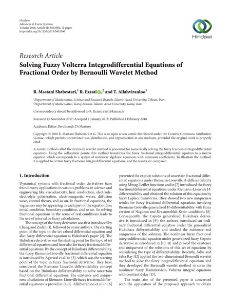 Pdf Solving Fuzzy Volterra Integrodifferential Equations Of Fractional Order By Bernoulli