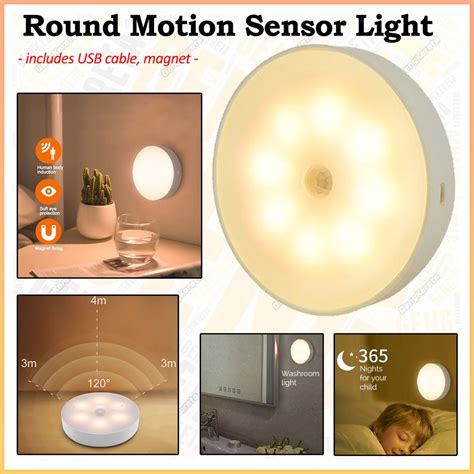 Round Motion Sensor Light Led Night Rechargeable Battery Powered Closet Bathroom Stairs Magnet
