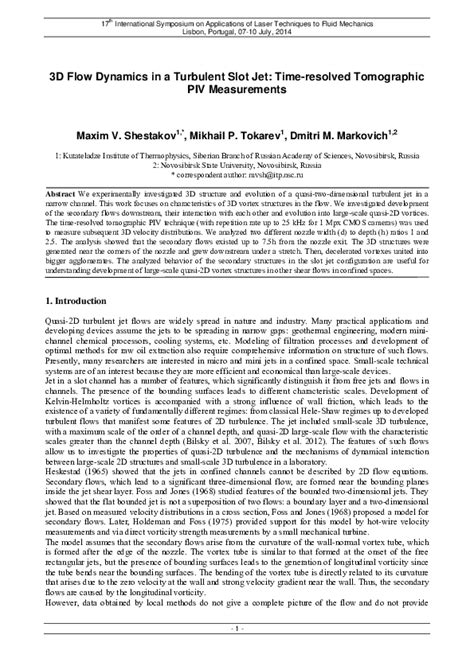 Pdf 3d Flow Dynamics In A Turbulent Slot Jet Time Resolved Tomographic Piv Measurements