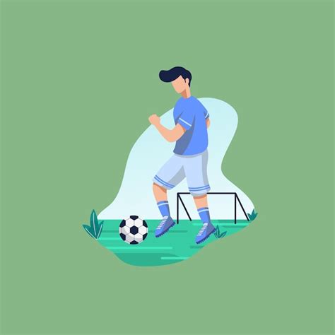 Футболист в синем пинает мяч Премиум векторы