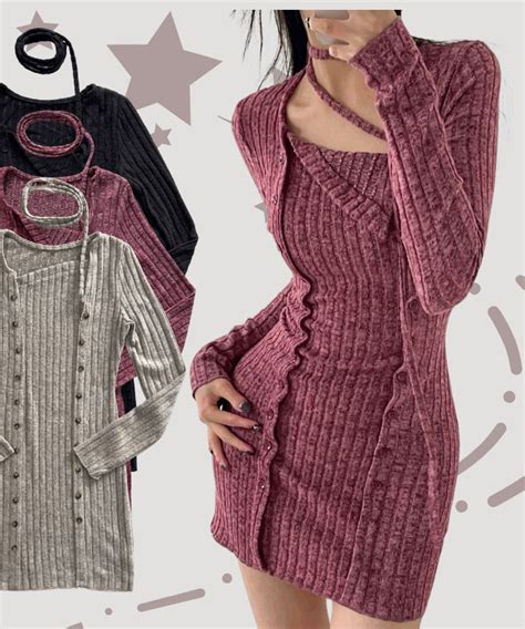 가을신상🍂 [핏감예술] 머플러 Set 여리 골지 슬림핏 레이어끈 슬림핏 미니 원피스 데이트룩 연말룩 파티룩 에이블리