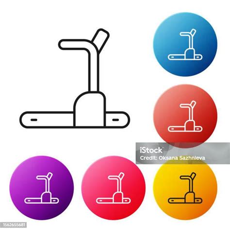 검은색 선 러닝머신 기계 아이콘은 흰색 배경에 분리되어 있습니다 아이콘 다채로운 원형 버튼을 설정합니다 벡터 강사에 대한 스톡 벡터 아트 및 기타 이미지 Istock