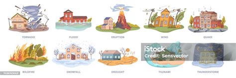 재해와 자연 재해 홍수와 토네이도 분출과 바람 지진과 산불 강설과 가뭄 쓰나미와 뇌우가 발생했습니다 플랫 스타일의 벡터 가뭄에 대한 스톡 벡터 아트 및 기타 이미지 Istock