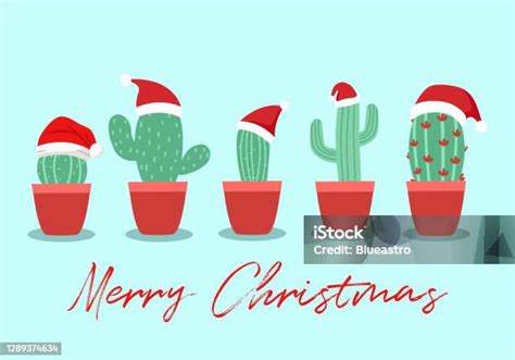 산타 클로스 모자를 쓰고 있는 선인장 메리 크리스마스 컨셉 벡터 일러스트레이션 포스터 인사말 카드 배너 디자인 사막에 대한 스톡 벡터 아트 및 기타 이미지 Istock