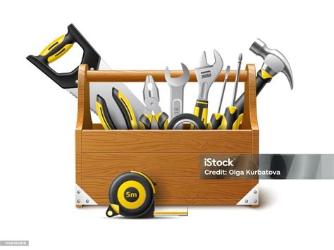 현실적인 도구 상자 다른 수리공 악기 목공 장비 상점이 있는 나무 상자 망치 톱 및 렌치 작업자 개체가 있는 3d 격리된 구성 발언 벡터 개념 작업 장비에 대한 스톡 벡터