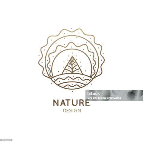 선형 스타일의 자연의 벡터 로고 나무 태양 들판 눈 비즈니스 엠블럼 여행 농업 및 생태 개념 건강 스파 및 요가 센터와 패턴 풍경의 개요 아이콘 로고에 대한 스톡 벡터 아트