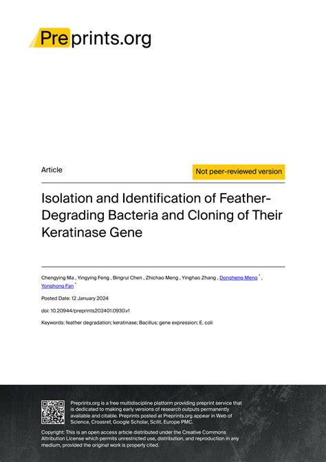 Pdf Isolation And Identification Of Feather Degrading Bacteria And Cloning Of Their Keratinase