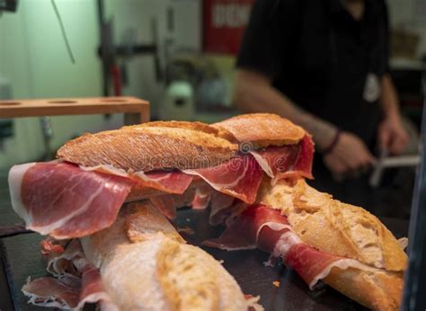 Spanish Street Food Bocadillo Bread Sandwich Dry Cured Ham Jamon