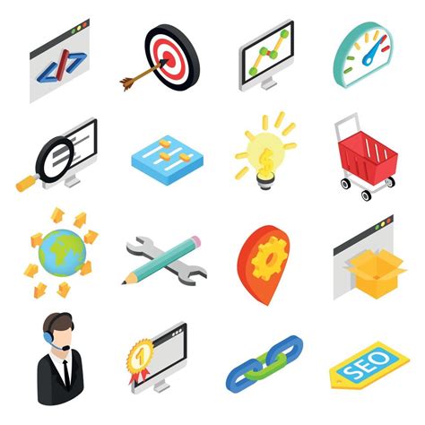 Seo Isometric D Icons Set Vector Art At Vecteezy