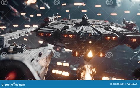 Ai Generated Illustration Of A Fleet Of Spaceships In A Futuristic Space Landscape Stock