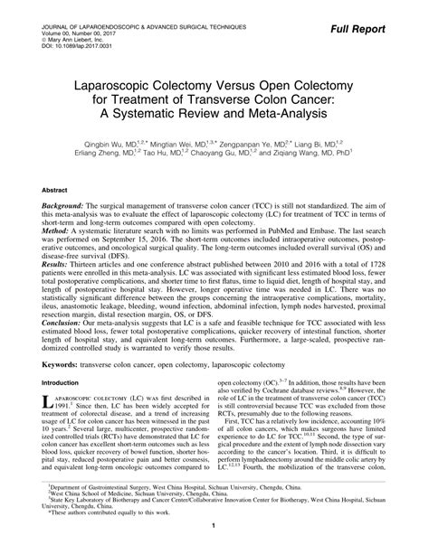 Pdf Laparoscopic Colectomy Versus Open Colectomy For Treatment Of Transverse Colon Cancer A