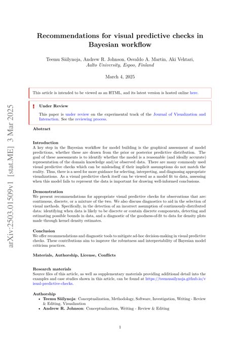 Pdf Recommendations For Visual Predictive Checks In Bayesian Workflow