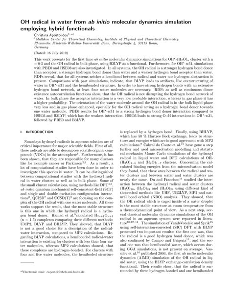 Pdf Oh Radical In Water From Ab Initio Molecular Dynamics Simulation Employing Hybrid Functionals