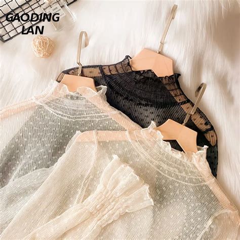Gaodinglan 여성용 플레어 긴팔 단색 메쉬 티셔츠 할로우 레이스 투명 섹시 바텀 셔츠 슬림 터틀넥 상의