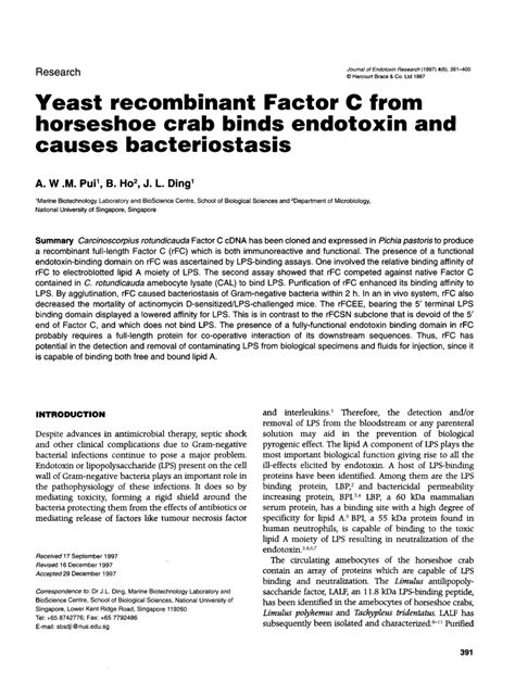 Pdf Recombinant Factor C From Carcinoscorpius Rotundicauda Binds
