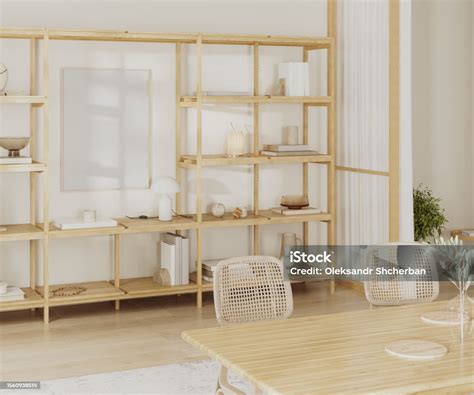 식탁이 있는 거실 인테리어 장식이 있는 찬장 선반 빈 포스터 프레임 모형 3d 렌더링 디자인에 대한 스톡 사진 및 기타 이미지 디자인 모던 양식 실내 Istock