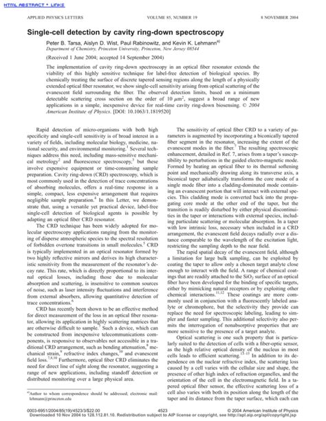 Single Cell Detection By Cavity Ring Down Spectroscopy