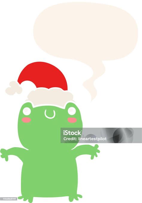 복고풍 스타일의 말풍선이 있는 크리스마스 모자를 쓴 귀여운 만화 개구리 개구리에 대한 스톡 벡터 아트 및 기타 이미지 개구리 귀여운 기포 Istock