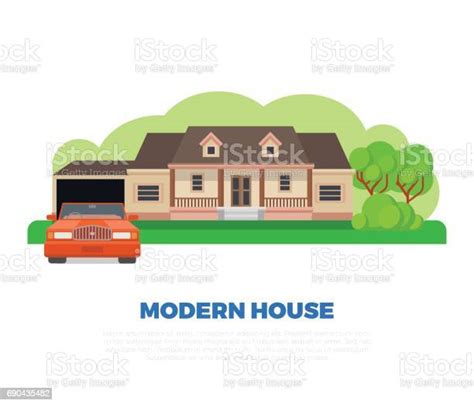 현대 집 벡터 일러스트 레이 션 근처 평면 빨간 자동차입니다 나무 정원 차고와 집 외관 전면 보기 부동산 개념입니다 건축에 대한 스톡 벡터 아트 및 기타 이미지 Istock