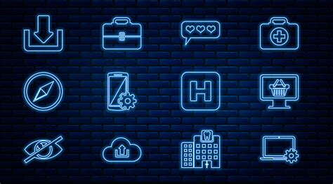 라인 노트북 및 장비 설정 장바구니가 있는 모니터 마음처럼 스마트폰 설정 바람이 불어오고 다운로드 병원 및 도구 상자 아이콘 벡터 건강 진단에 대한 스톡 벡터 아트 및 기타