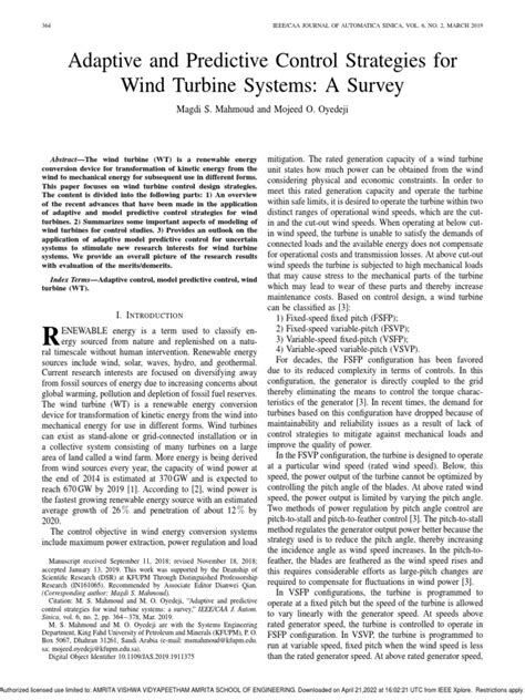 adaptive and predictive control strategies for wind turbine systems a survey pdf wind power