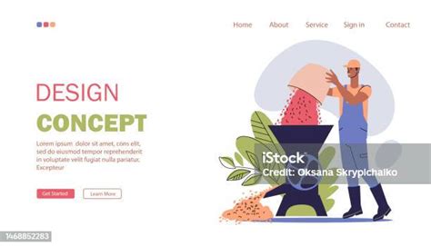 커피 생산 및 재배에 관한 웹 사이트의 방문 페이지 농부가 필러에서 커피 체리를 껍질을 벗깁니다 남자는 바구니에서 커피 원두를 기계에 붓습니다 수확에 대한 스톡 벡터 아트