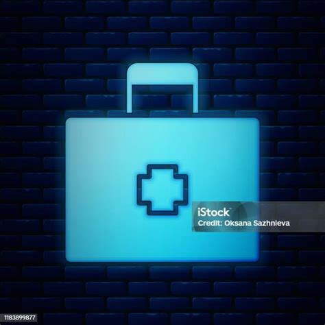 벽돌 벽 배경에 격리 빛나는 네온 응급 처치 키트 아이콘입니다 십자가 의료 상자 응급 의료 장비 헬스케어 개념 벡터 일러스트레이션 0명에 대한 스톡 벡터 아트 및 기타