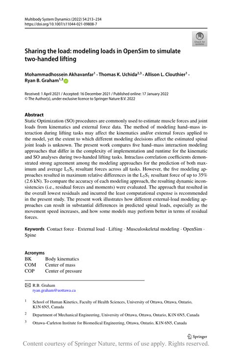 Sharing The Load Modeling Loads In Opensim To Simulate Two Handed Lifting Request Pdf