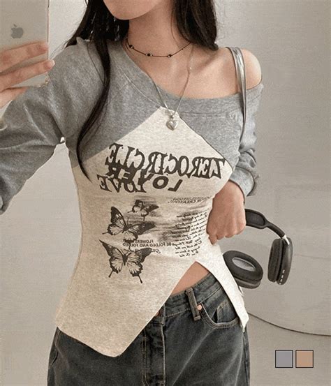 무료배송 제로 러브 배색 원숄더 언발 트임 긴팔티셔츠