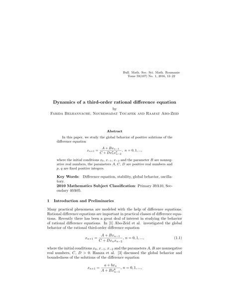 Pdf Dynamics Of A Third Order Rational Difference Equation