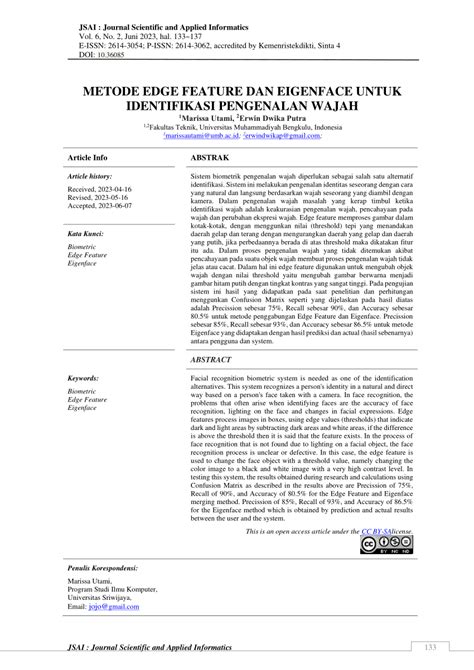 Pdf Metode Edge Feature Dan Eigenface Untuk Identifikasi Pengenalan Wajah
