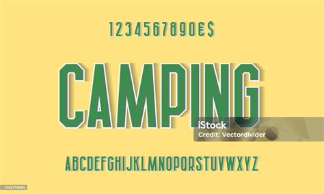 흰색 윤곽선과 그림자와 녹색 알파벳과 숫자를 캠핑 도시 볼륨 디스플레이 글꼴 벡터 격리 영어 알파벳 컴퓨터 글자에 대한 스톡
