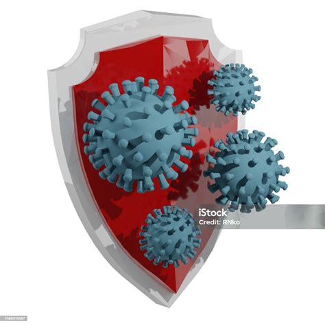 붉은 결정 바이러스와 박테리아의 3d 렌더링은 강력한 방패를 공격합니다 위험한 질병으로 인한 감염 예방 흰색 배경에 격리된 현실적인 그림 3차원 형태에 대한 스톡 사진 및