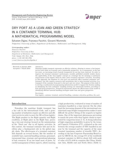 pdf dry port as a lean and green strategy in a container terminal hub a mathematical