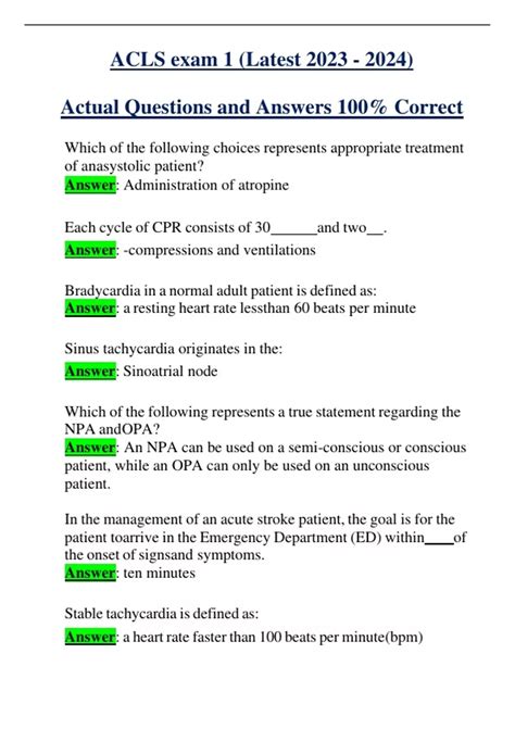 Acls Exam 1 Latest 2024 2025 Actual Questions And Answers 100 Correct Acls And Pals