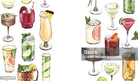 수채화 프레임 칵테일 잔 마티니 진 마가리타 모히토 주류 럼 모스크바 노새 손으로 그린 그림은 흰색 배경에 분리되어 있습니다