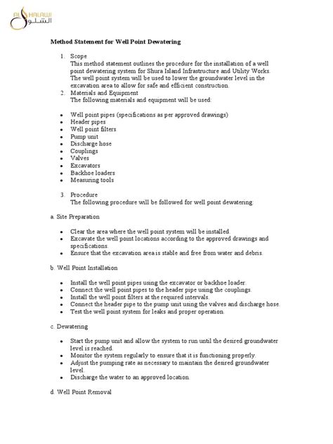 Dewatering Method Statement Well Point Pdf Pump Pipe Fluid