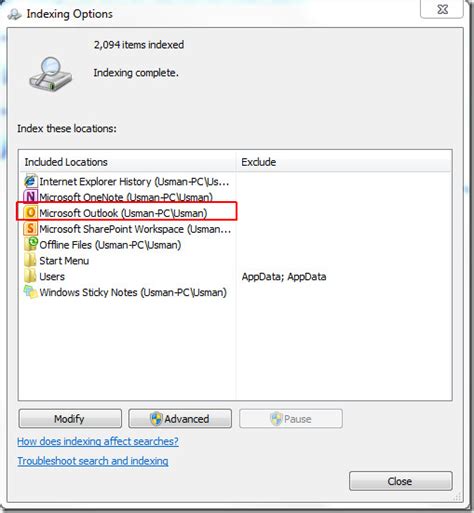 Outlook 2010 Search Indexing