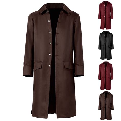 Hvyesh Mens Steampunk Victorian Frock Coat Vintage Leather Trench Coat