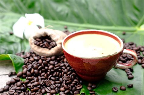 아침에 커피 콩을 곁들인 뜨거운 커피와 나무 테이블 배경 텍스트 아메리카노 커피 공간 0명에 대한 스톡 사진 및 기타 이미지