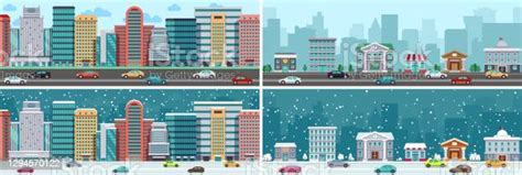 도시 파노라마 다운타운 교외 마을 귀여운 건물 다양한 계절 눈 덮인 시간 겨울과 여름 도시 풍경 고속도로 벡터 일러스트에 자동차 겨울에 대한 스톡 벡터 아트 및 기타 이미지