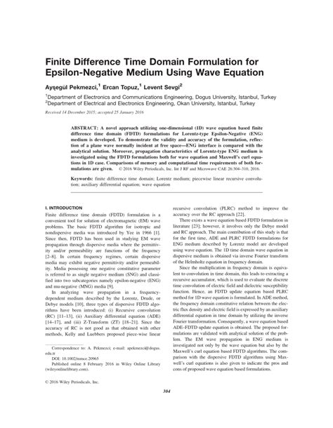 Pdf Finite Difference Time Domain Formulation For Epsilon‐negative Medium Using Wave Equation