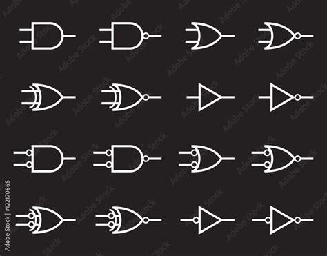 Digital Logic Gate Symbols White Isolated On Black Background Vector Illustration Stock