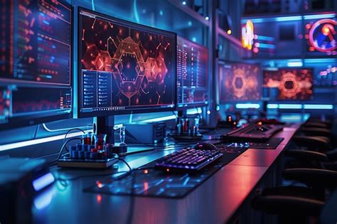 Premium Photo There Are Two Monitors On The Desk With A Keyboard And