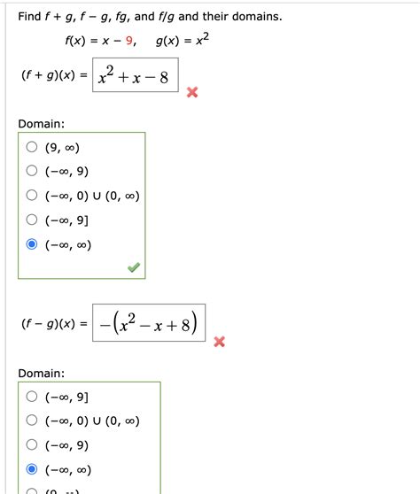 solved find f g f g fg and f g and their domains f x