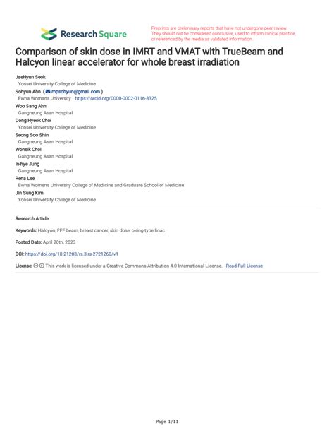Pdf Comparison Of Skin Dose In Imrt And Vmat With Truebeam And Halcyon Linear Accelerator For