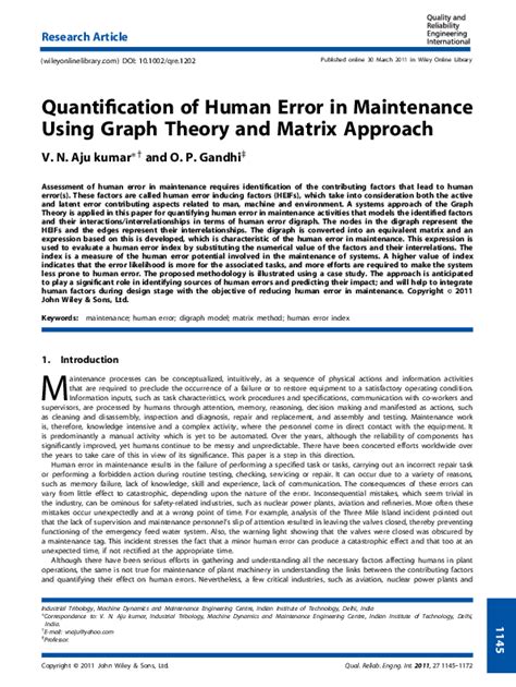 Pdf Quantification Of Human Error In Maintenance Using Graph Theory And Matrix Approach Om