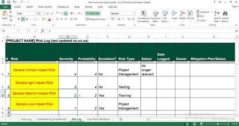 Project Management Risk And Issue Log Template